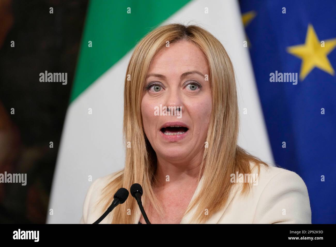 Italian Premier Giorgia Meloni, talks during a joint press conference ...