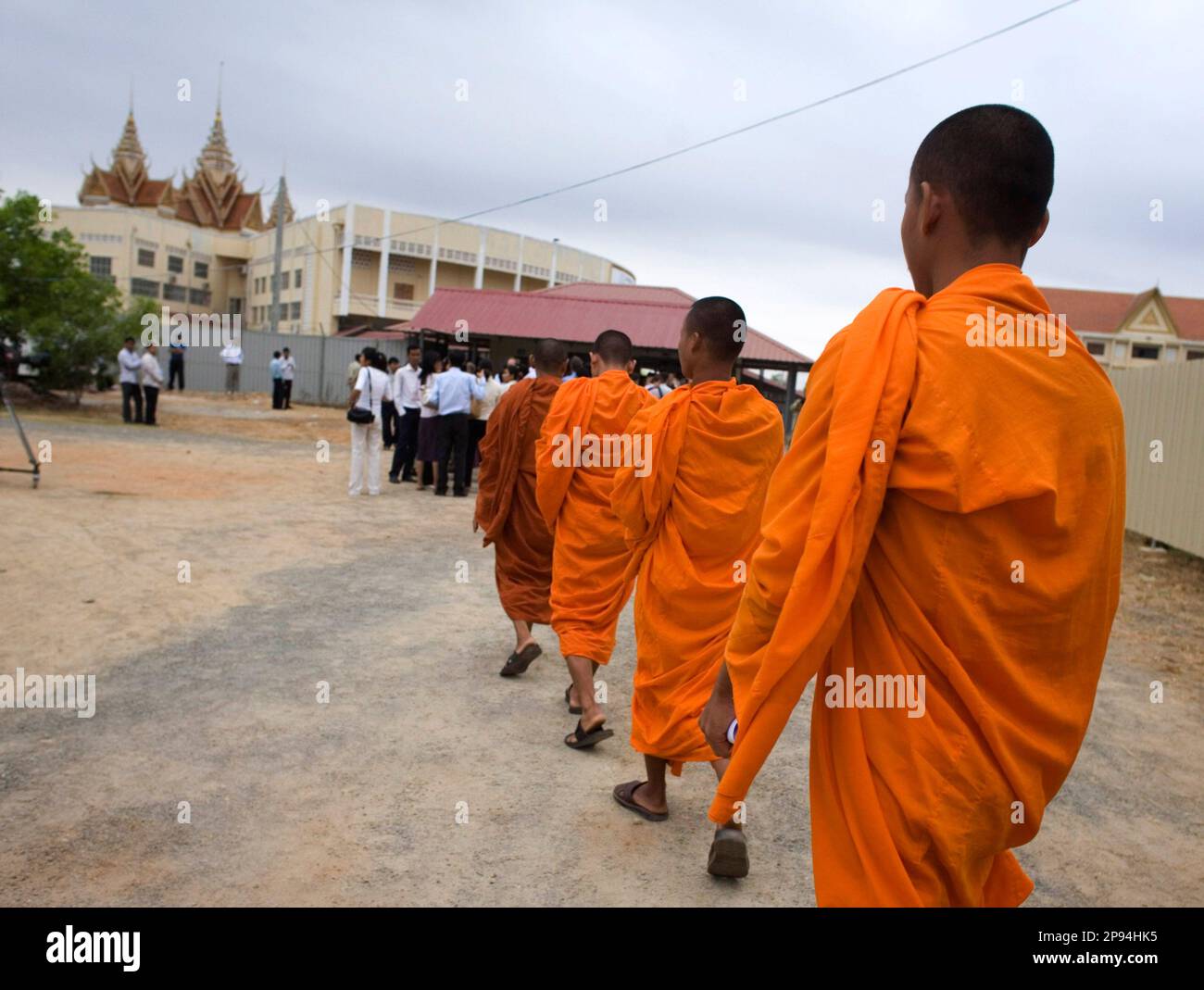 Cambodian Buddhist monks gather Tuesday, Feb. 17, 2009, outside the ...