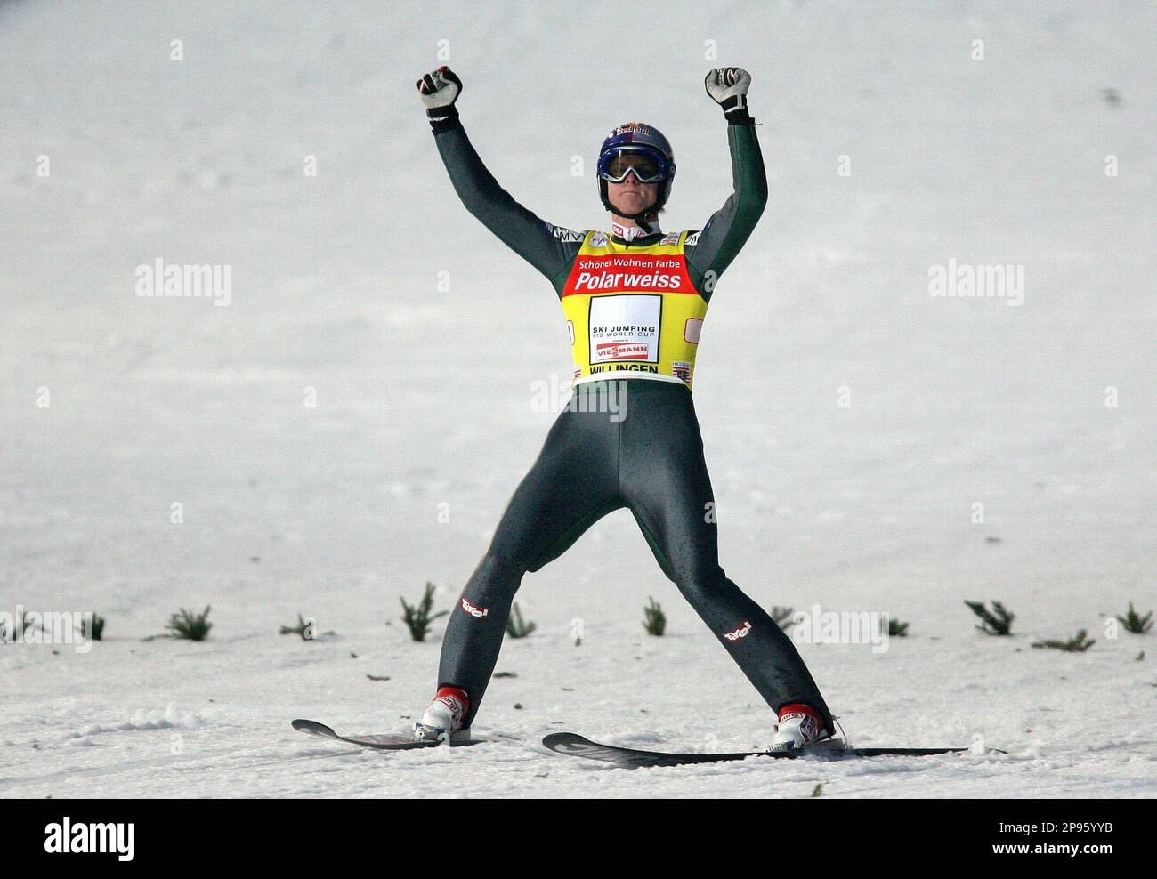 Thomas Morgenstern from Austria, celebrates after the second jump ...