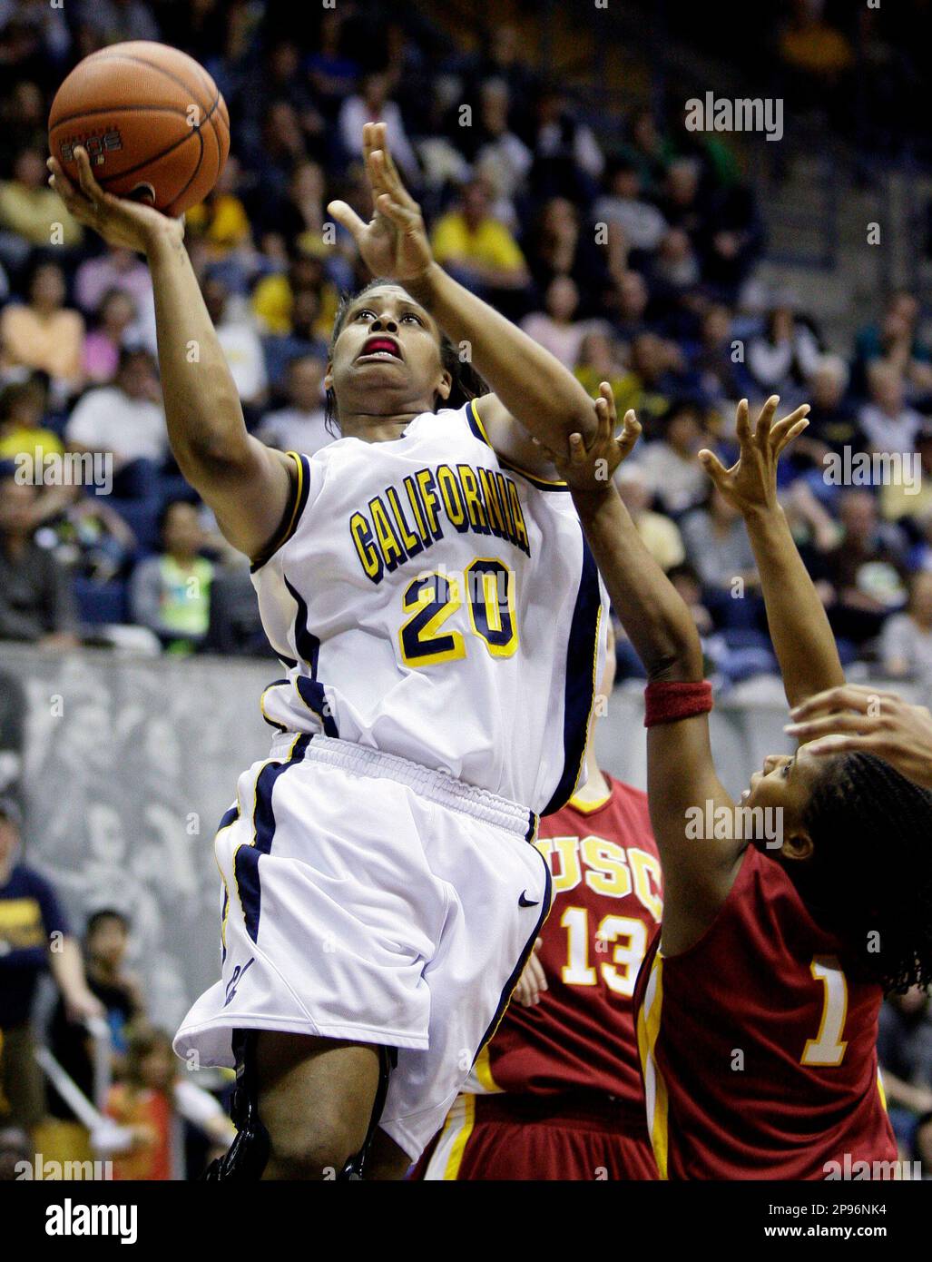California's Devanei Hampton (20) goes up for a shot over Southern ...