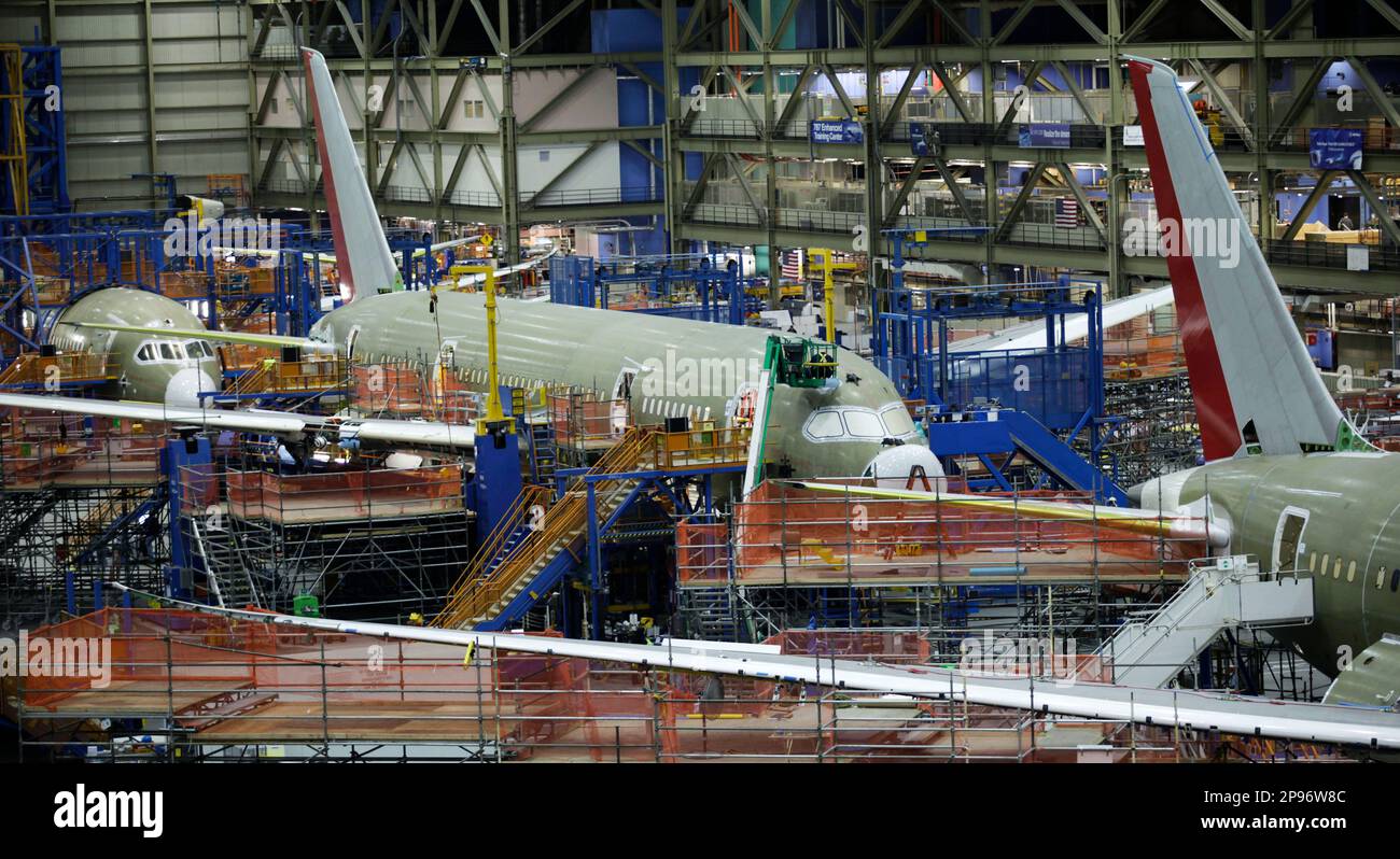The Boeing 787 line is shown at Boeing Co.'s airplane assembly plant in ...