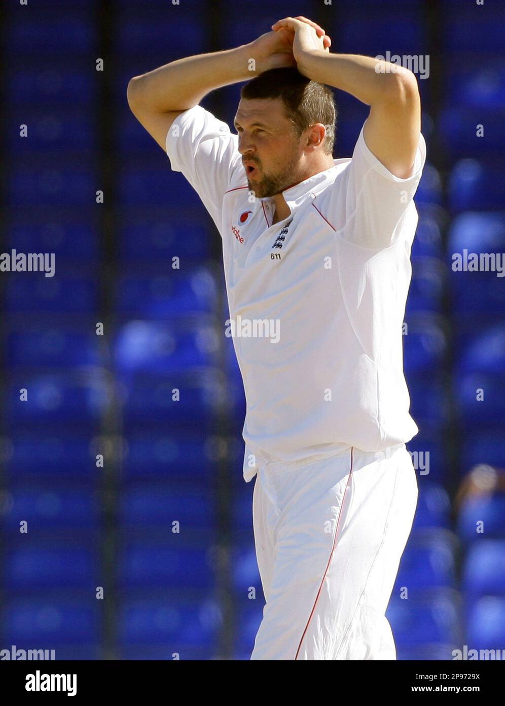 England's bowler Steve Harmison reacts to a shot by West Indies A ...