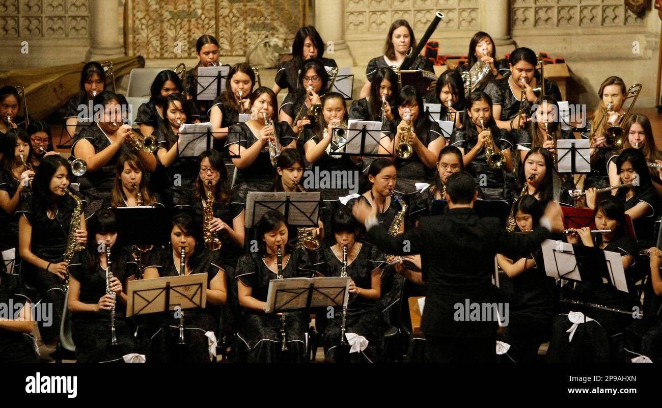 The concert band section of the Sacred Hearts Academy marching band ...