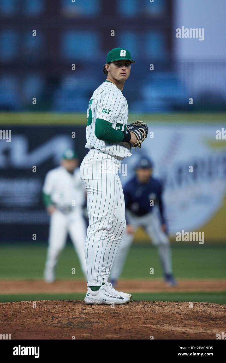 Charlotte 49ers relief pitcher Sam Conte (38) looks at his catcher ...
