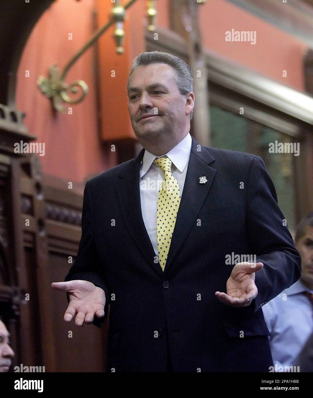 Connecticut Speaker of the House James Amann, D-Milford, gestures ...