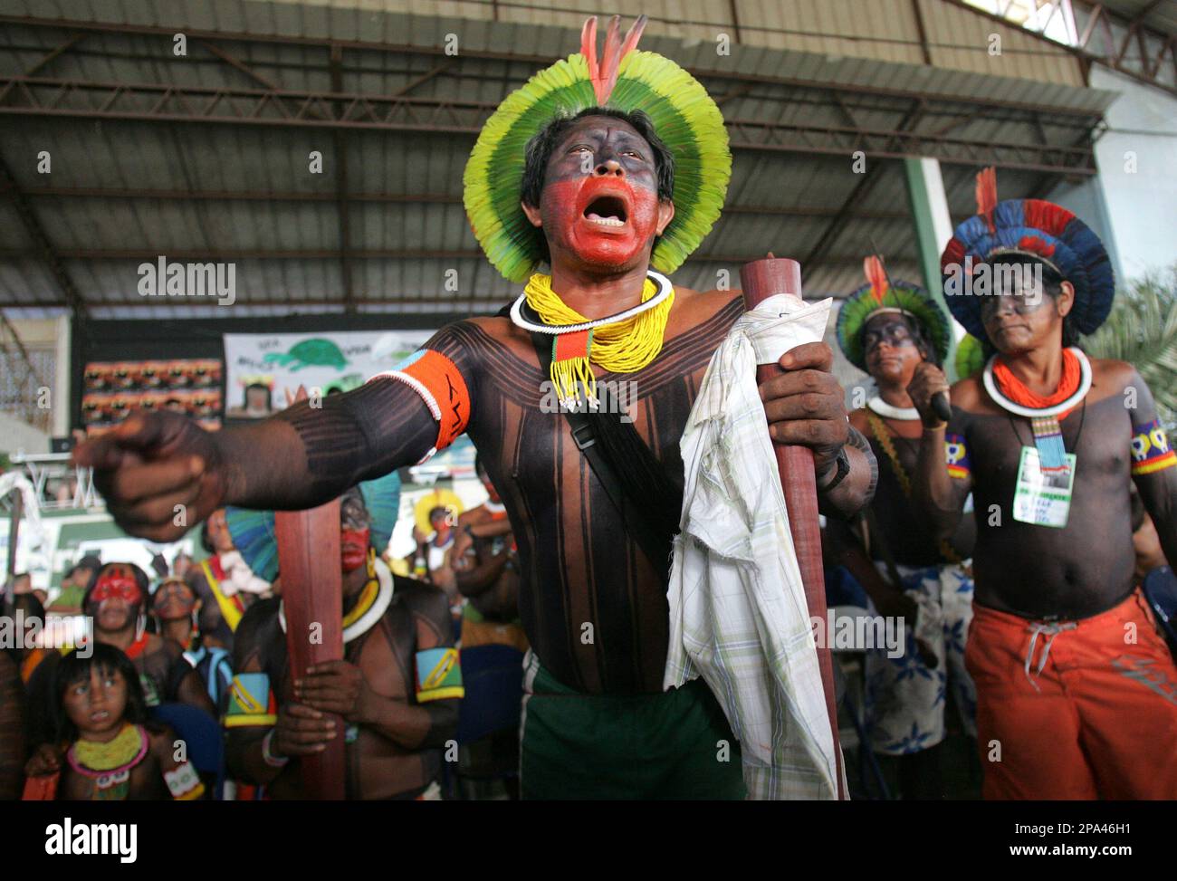 An Indigenous man protests against the construction of the Belo Monte ...