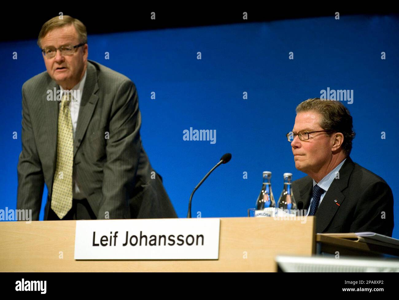 AB Volvo's Finn Johansson, chairman of the board, and Leif Johansson, right, chief executive ...