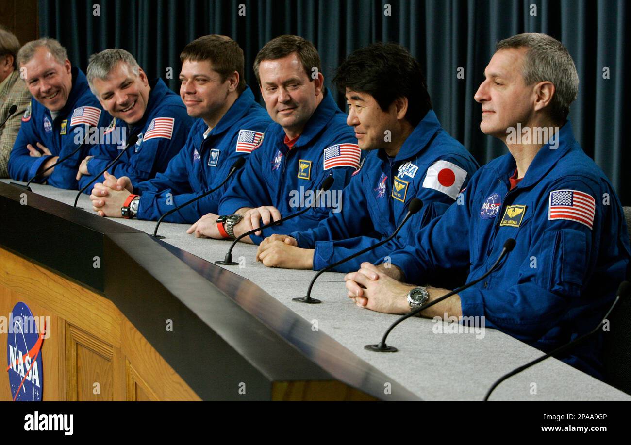 The crew of space shuttle Endeavour, from left, commander Dominic Gorie ...