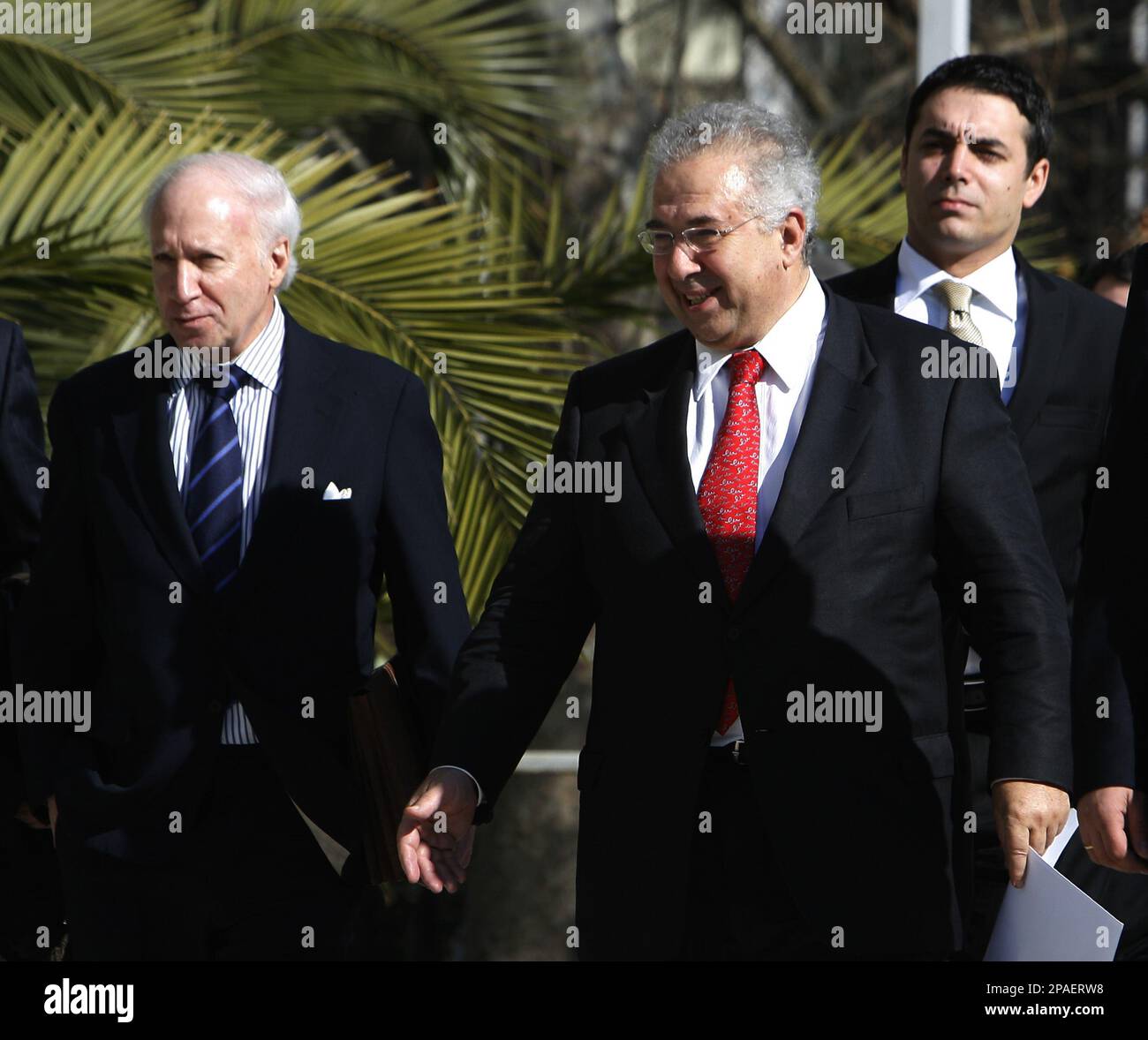 United Nations mediator Matthew Nimetz, left, UN Ambassadors Adamantios ...