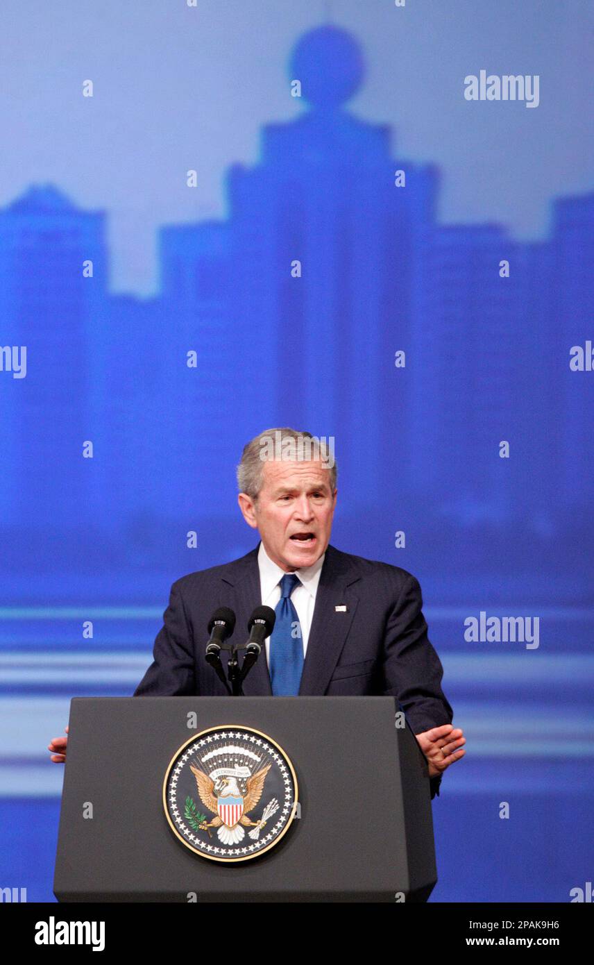 President Bush delivers his speech at the Emirates Palace Hotel in Abu ...