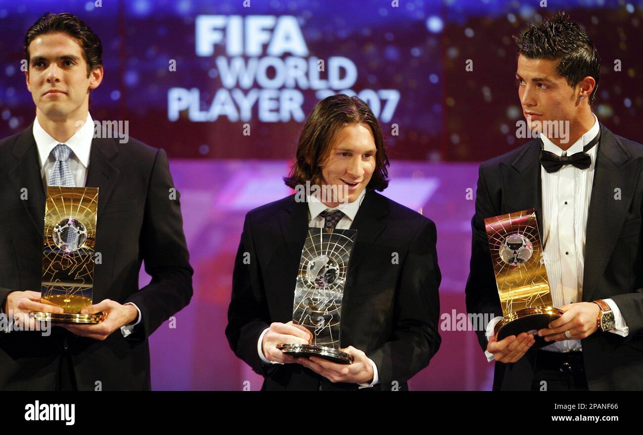 Soccer players Kaka, left, from Brazil, first placed, Argentina's ...