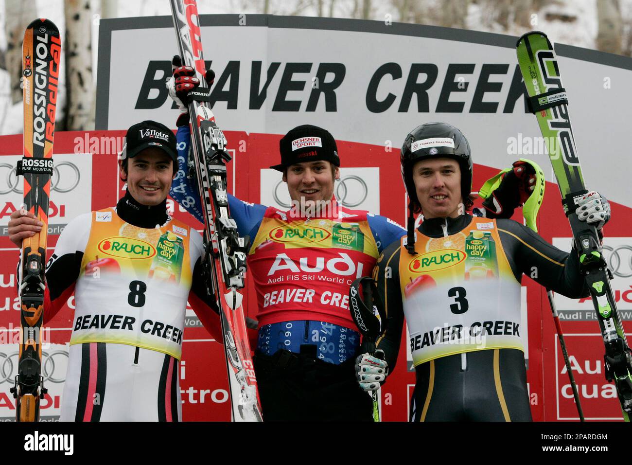 Switzerland's Daniel Albrecht, center, winner of the World Cup Super ...