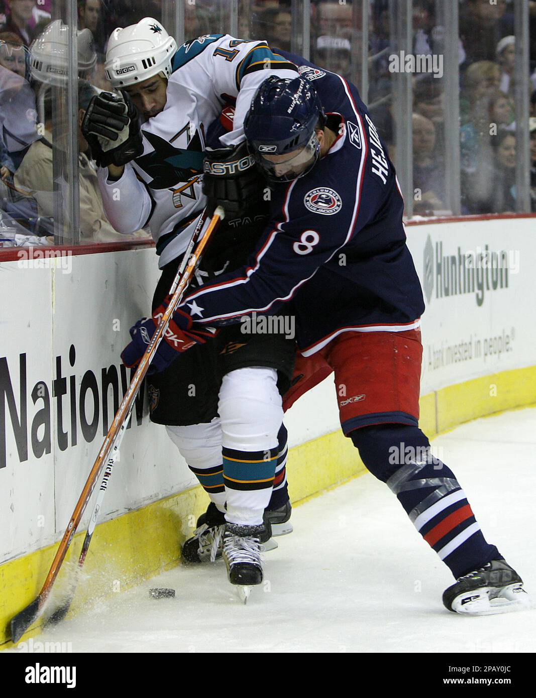 Columbus Blue Jackets' Jan Hejda, right, of the Czech Republic, and San ...