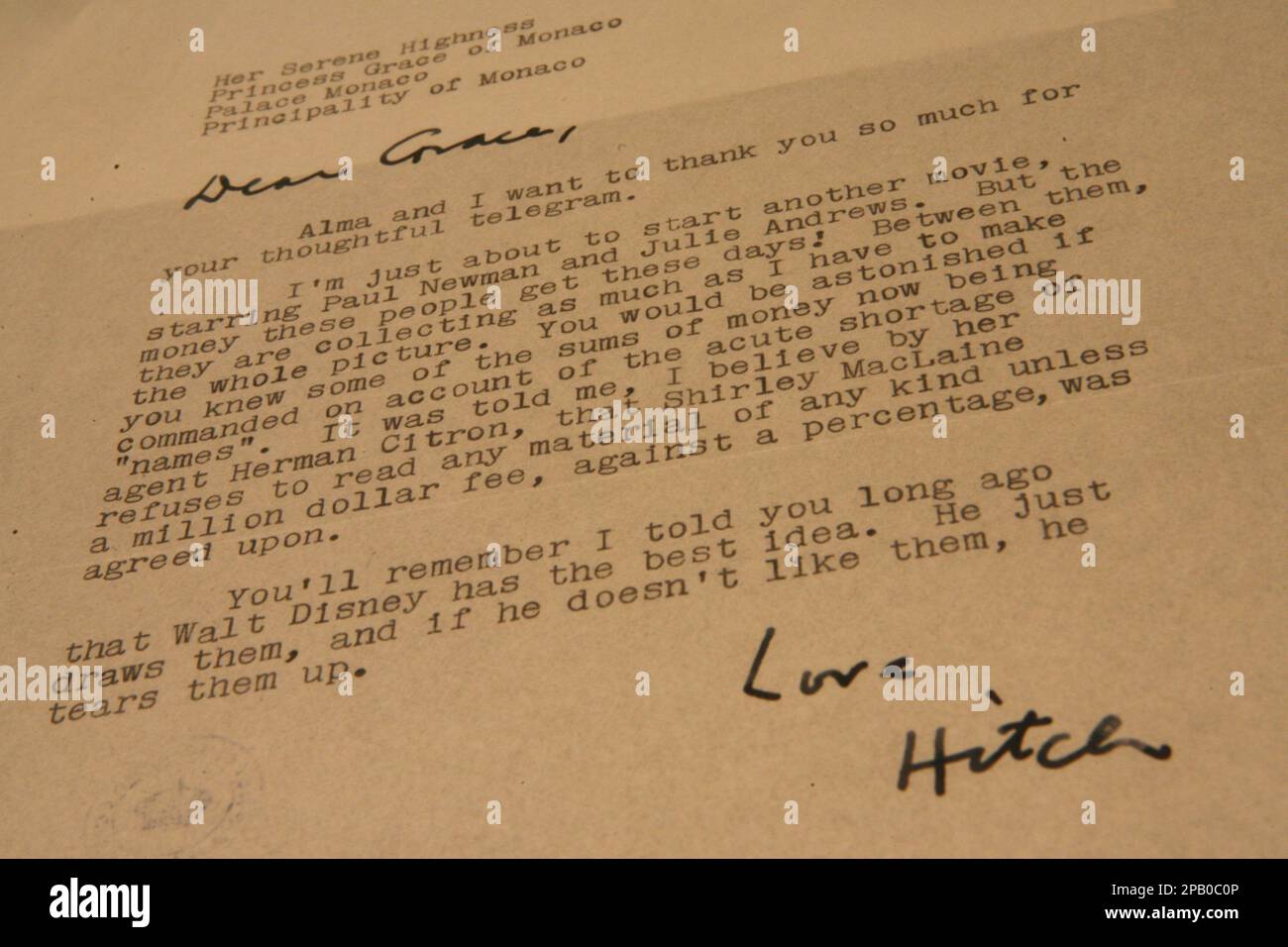 A letter from Alfred Hitchcock in which he mentions Paul Newman, Julie ...