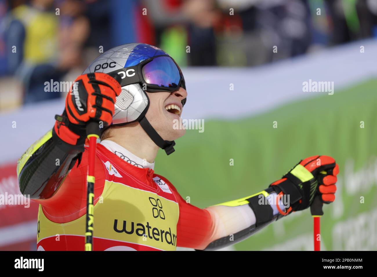Switzerland's Marco Odermatt reacts after winning an alpine ski, men's ...
