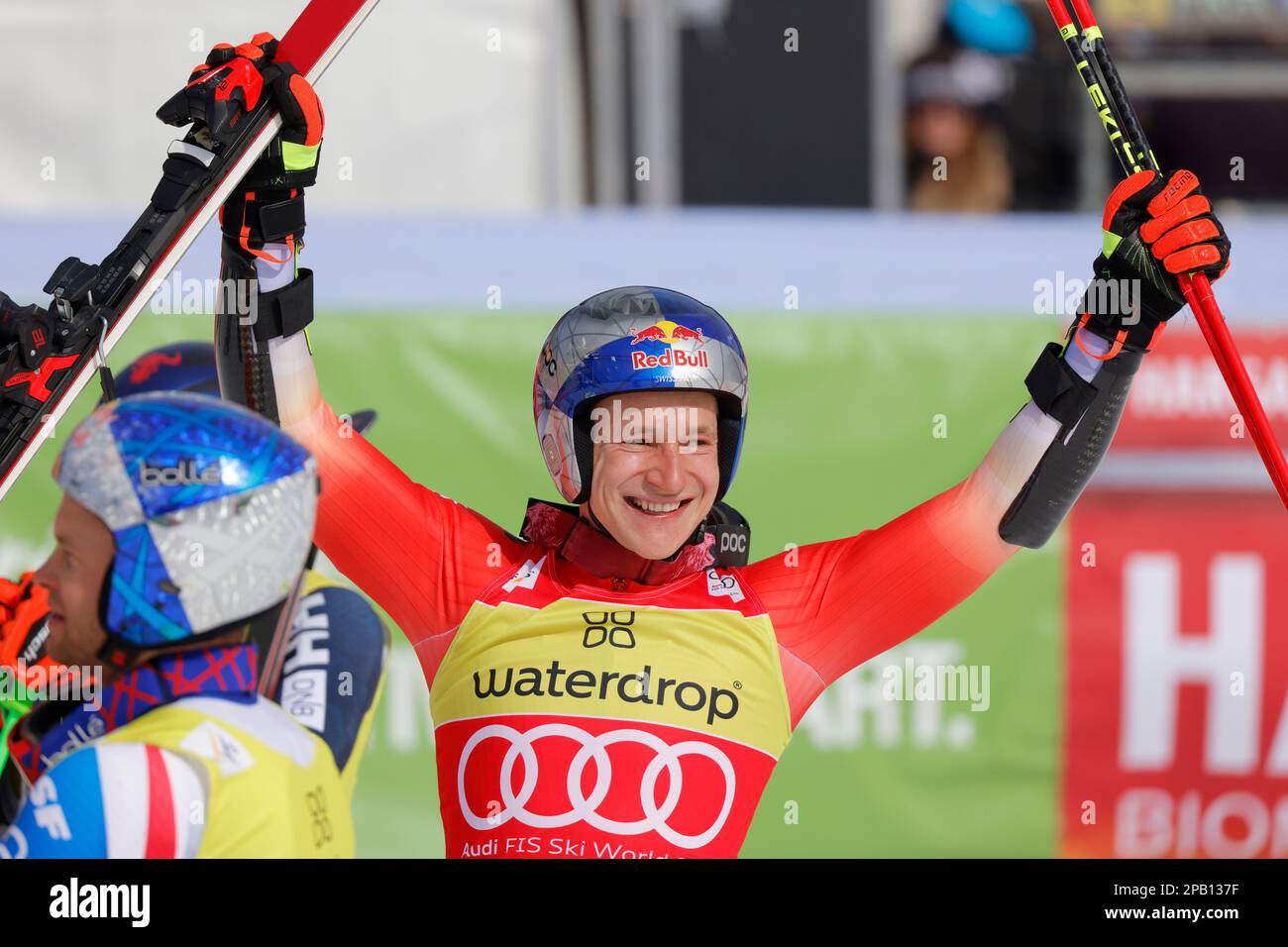 Switzerland's Marco Odermatt reacts after winning an alpine ski, men's ...
