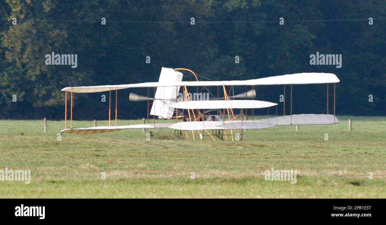 A Wright Flyer III replica piloted by Mark Dusenberry crashes at Huffman Prairie Flying Field ...