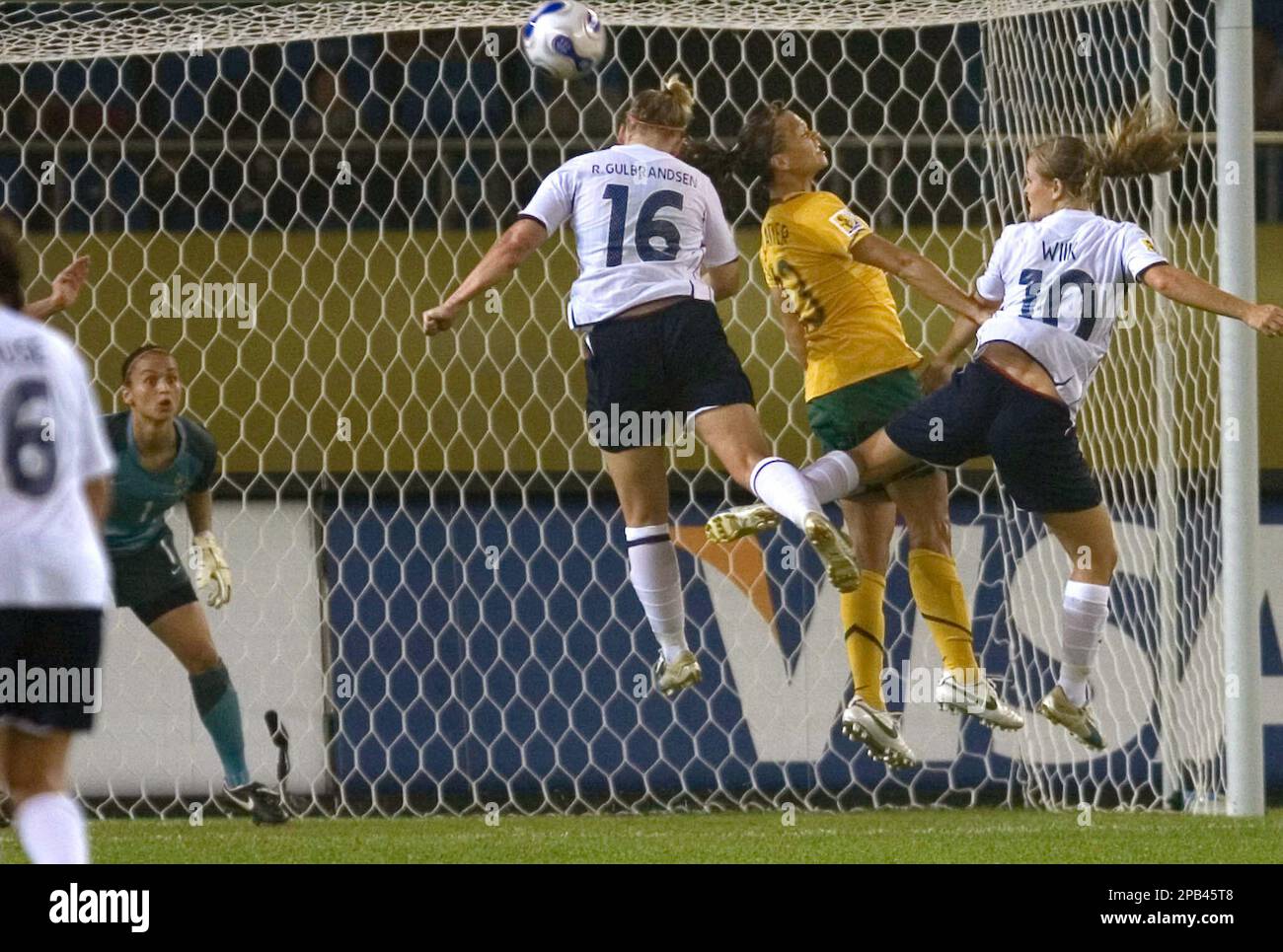 Australia's Thea Slatyer, second from right, jumps to prevent Norway's ...