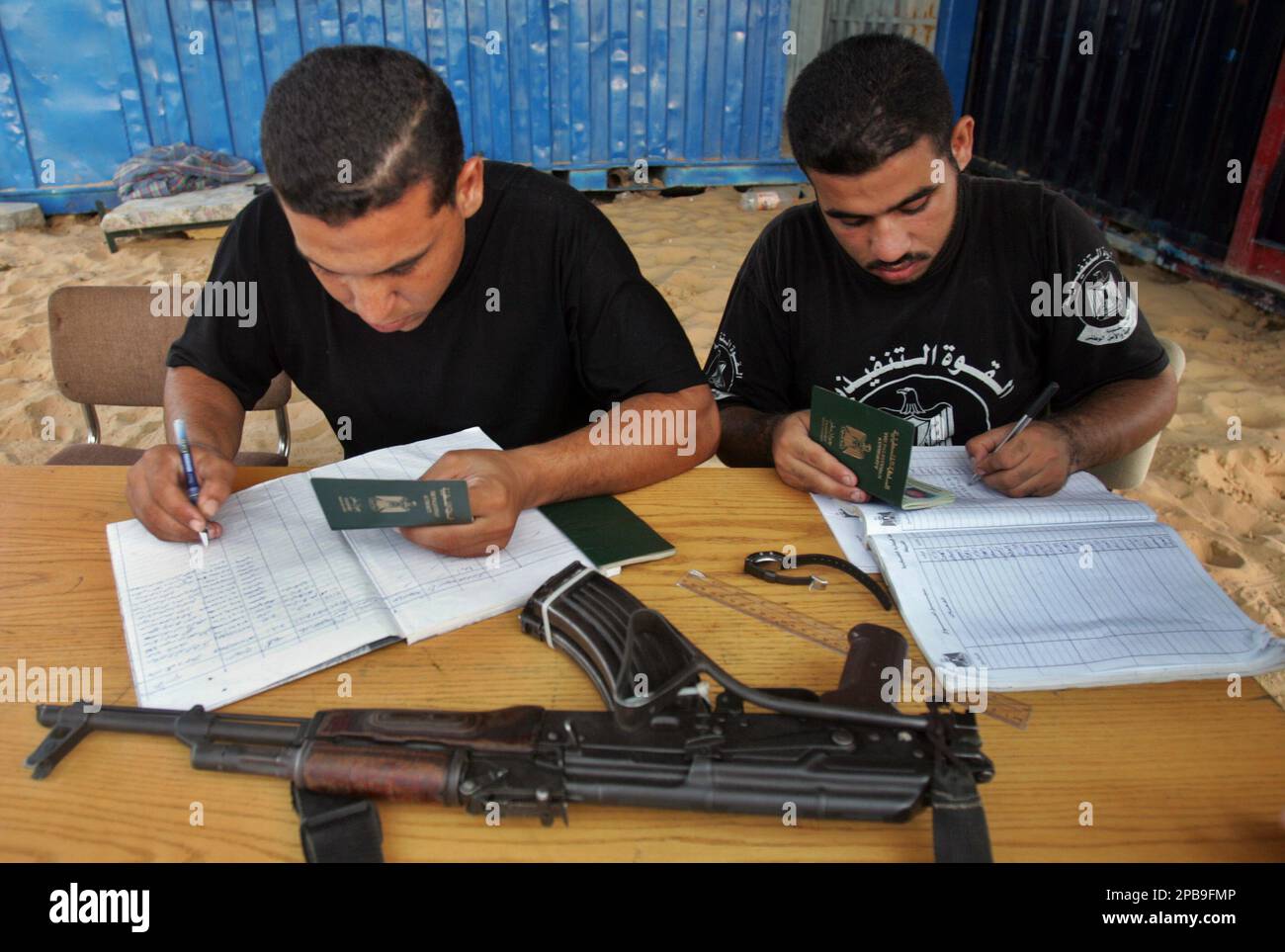 Palestinian security force members from the Islamic group Hamas check ...