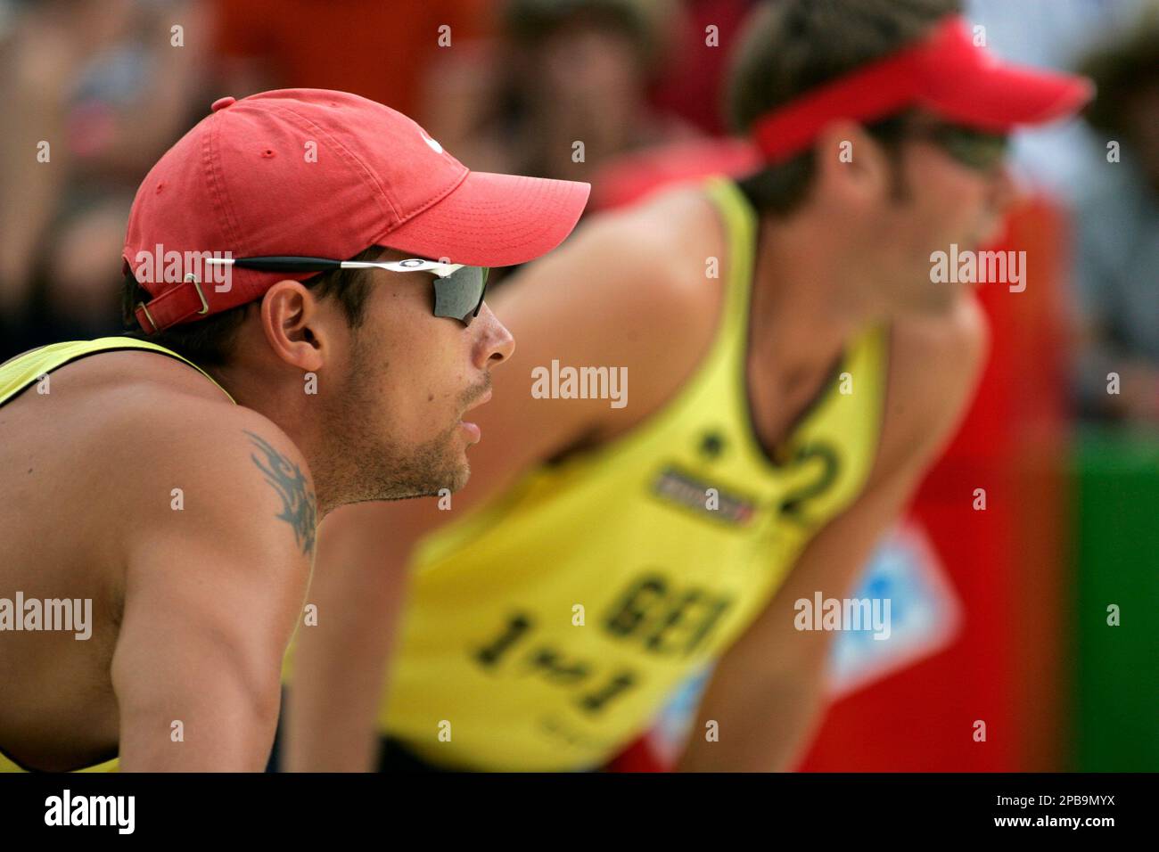 Germany's Eric Koreng, left, and David Klemperer, right, expect a serve during the round of 16 ...