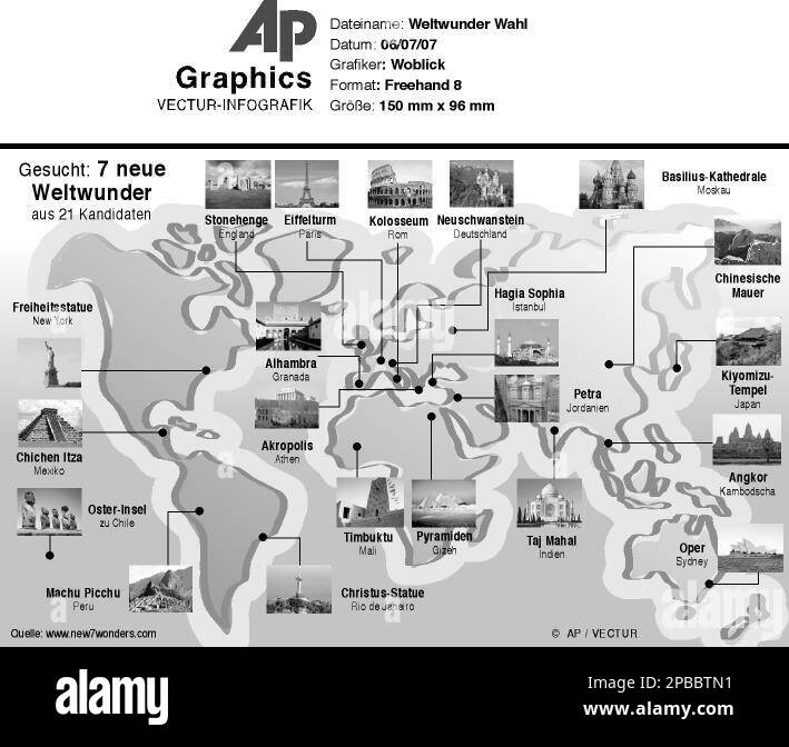 GRA3 GRAFIK WELTWUNDER - Weltkarte mit Fotos der 21 zur Auswahl ...