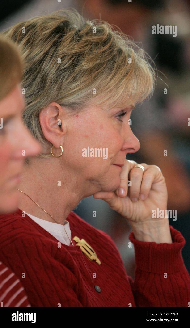 Jane Hoeppner, wife of Indiana football coach Terry Hoeppner, listens ...