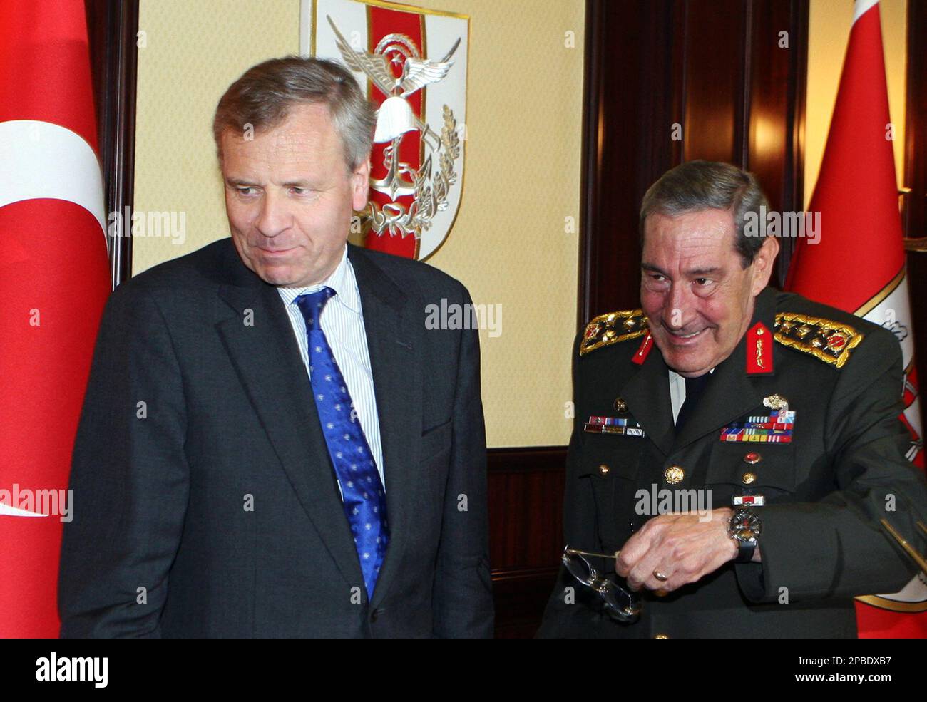 NATO Secretary General Jaap de Hoop Scheffer, left, arrives for a ...