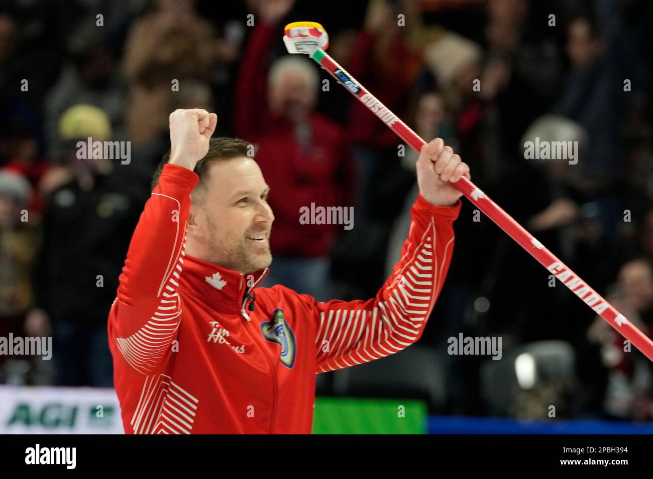 Team Canada skip Brad Gushue celebrates after defeating Team Manitoba ...