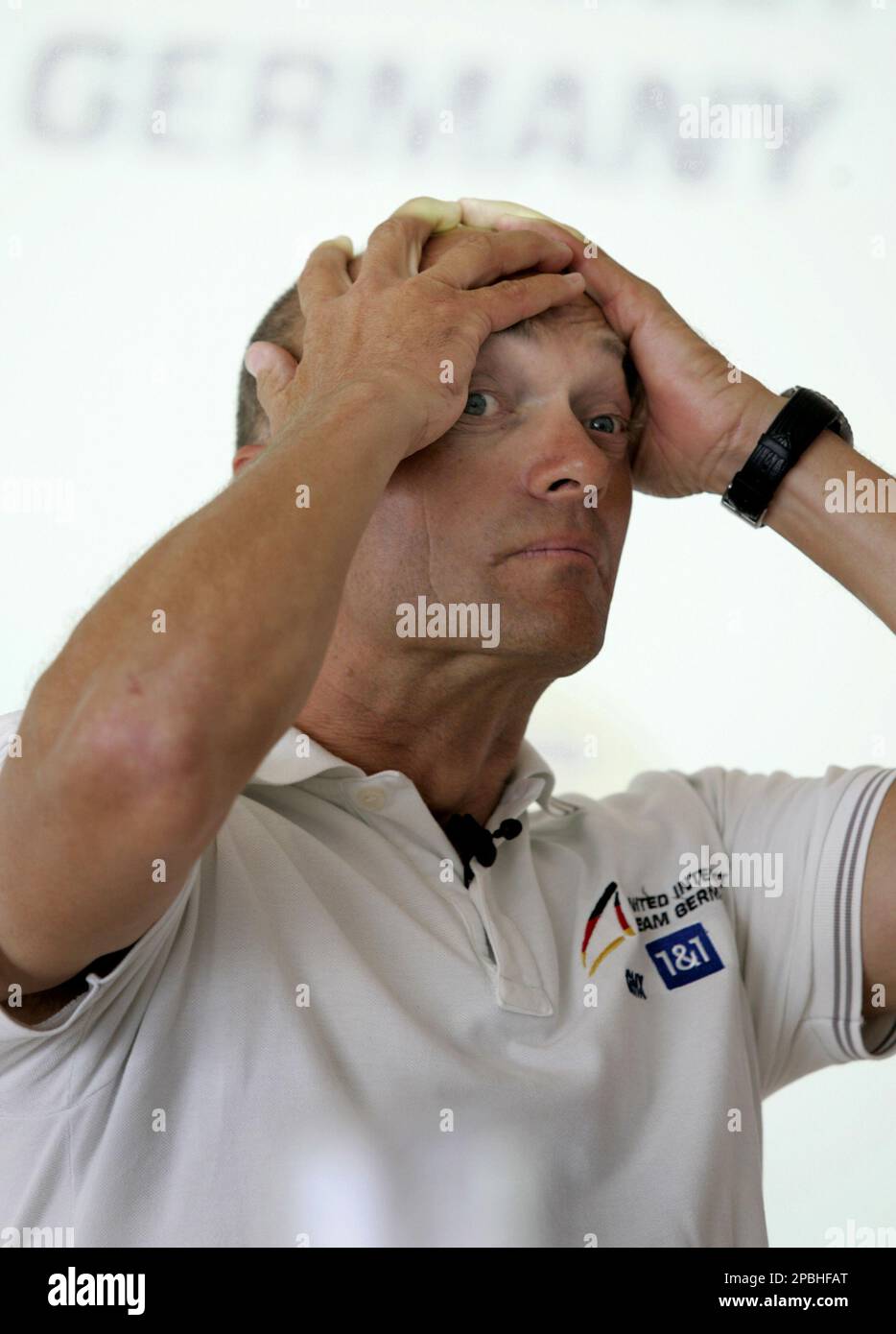 Team Germany Challenge skipper Jesper Bank, gestures while he announces ...