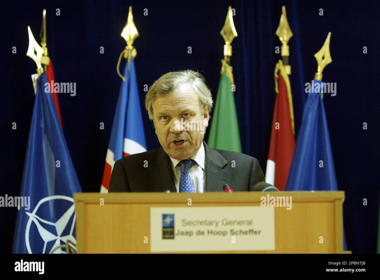 NATO Secretary General, Jaap de Hoop Scheffer addresses the media after ...