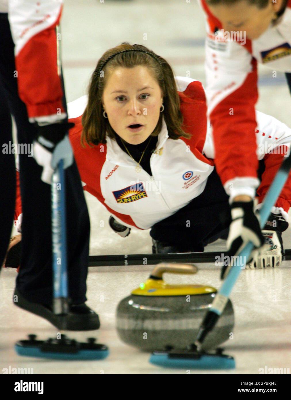 Team Canada's skip Kelly Scott, center, watches as teammates Renee ...