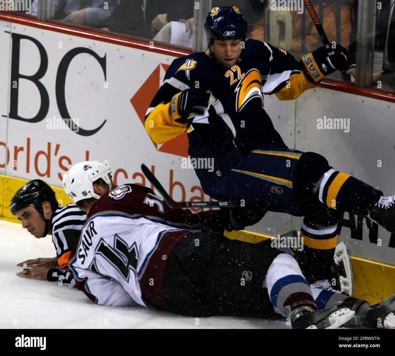 Buffalo Sabres' Adam Mair (22) collides with Colorado Avalanche's Kurt ...