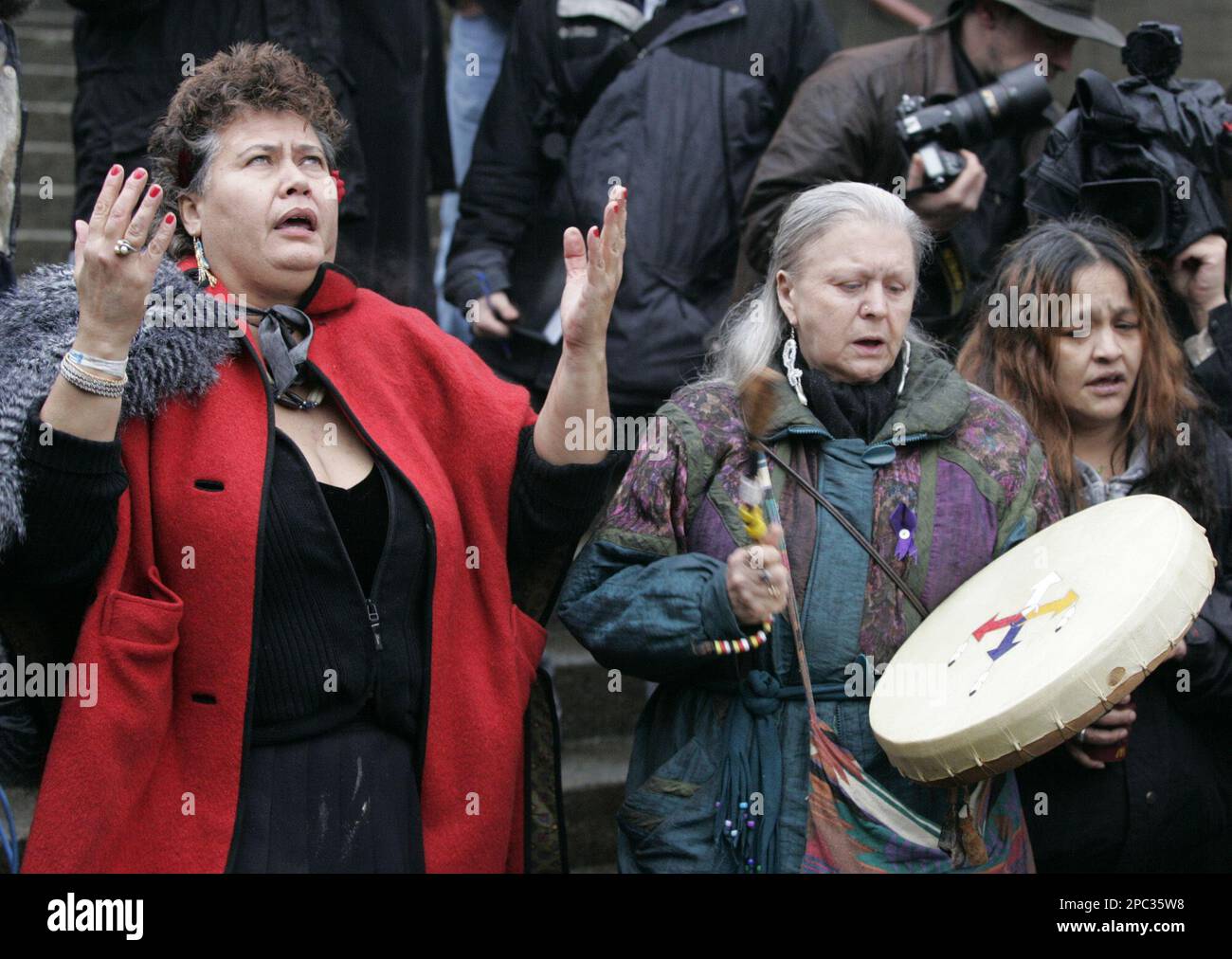 Native women drum and sing outside Supreme Court as the first day of ...