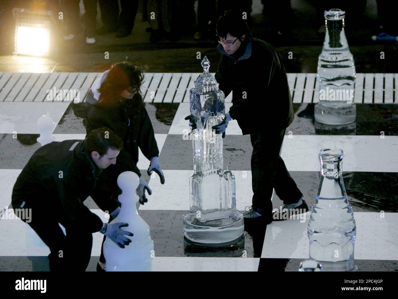 A giant ice chess piece representing Big Ben's clock tower St Stephens ...