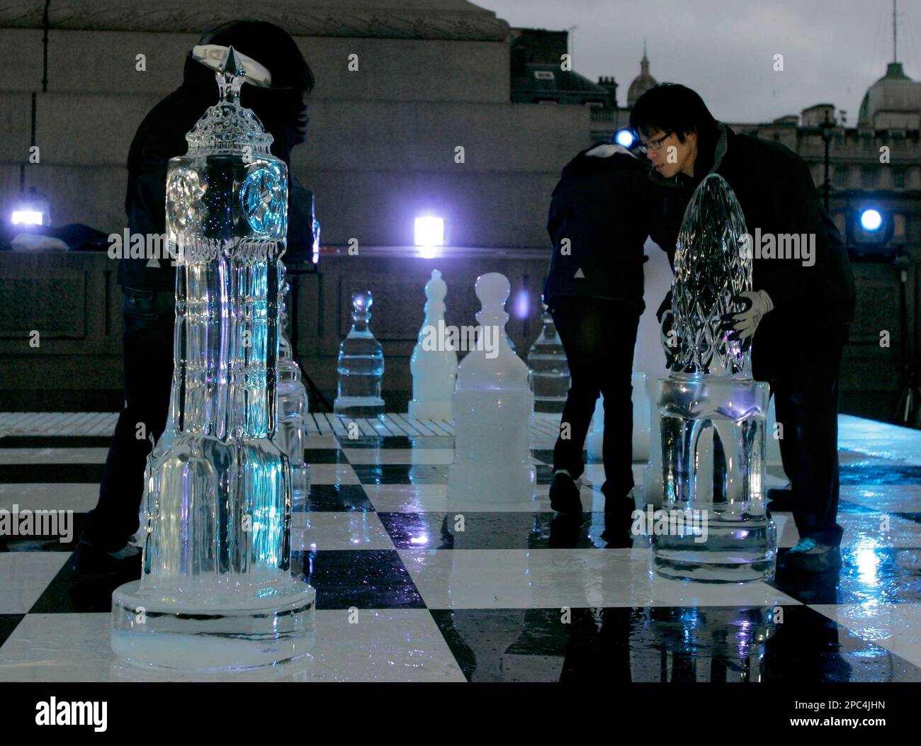 A giant ice chess piece representing Big ben's clock tower St Stephens ...