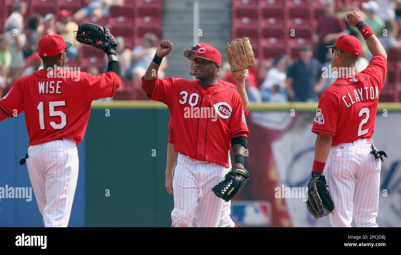 Cincinnati Reds' Dewayne Wise, left, Norris Hopper, and Royce Clayton ...
