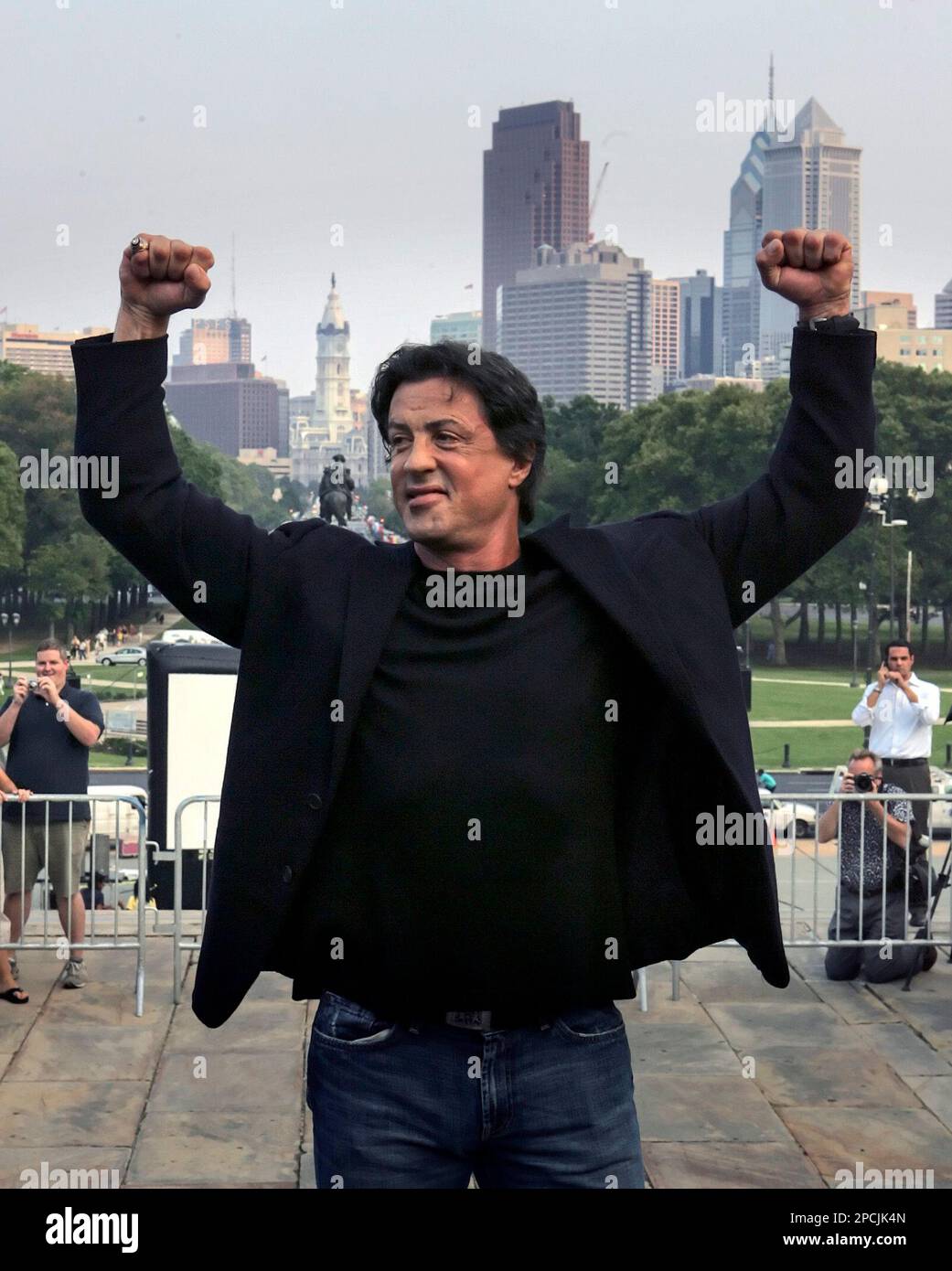 Actor Sylvester Stallone poses on the top steps of the Philadelphia ...