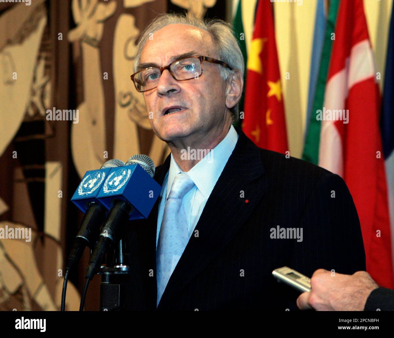 French ambassador to the United Nations Jean-Marc de La Sabliere responds to questions during a ...