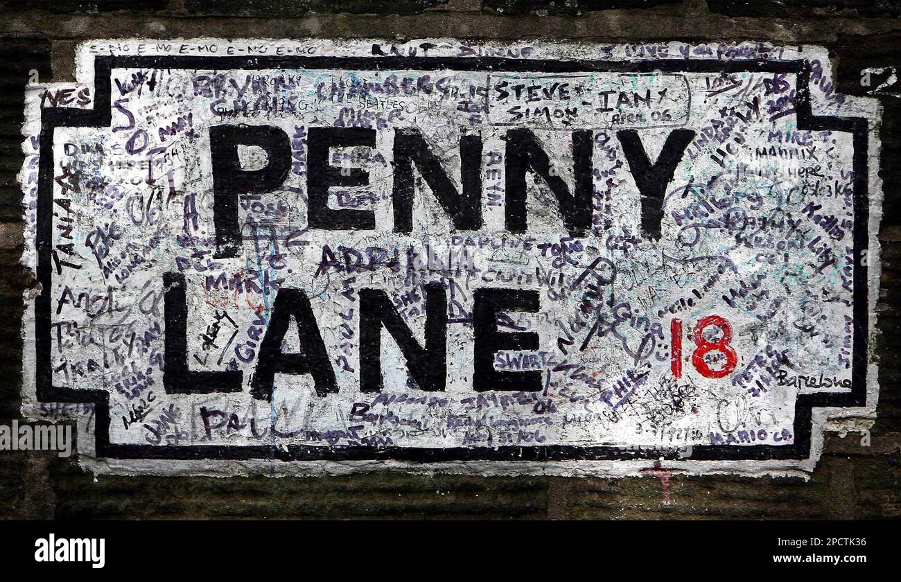 A well-signed graphic of the Penny Lane streetname, seen in Liverpool ...