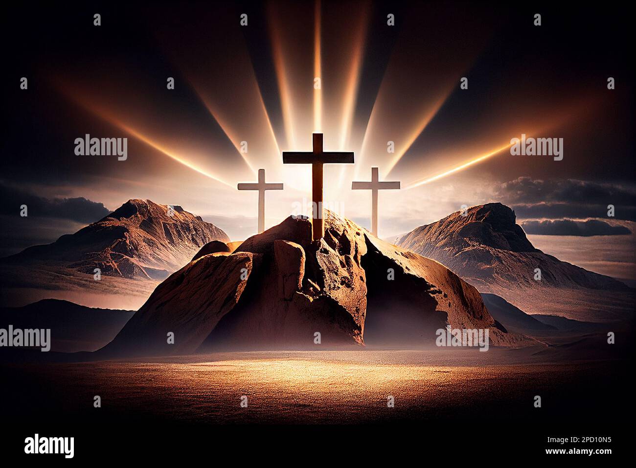 Drei Kreuze auf dem Berg mit Sonnenlicht, Glaube, Glauben und Spiritualität, Kreuzigung und ...