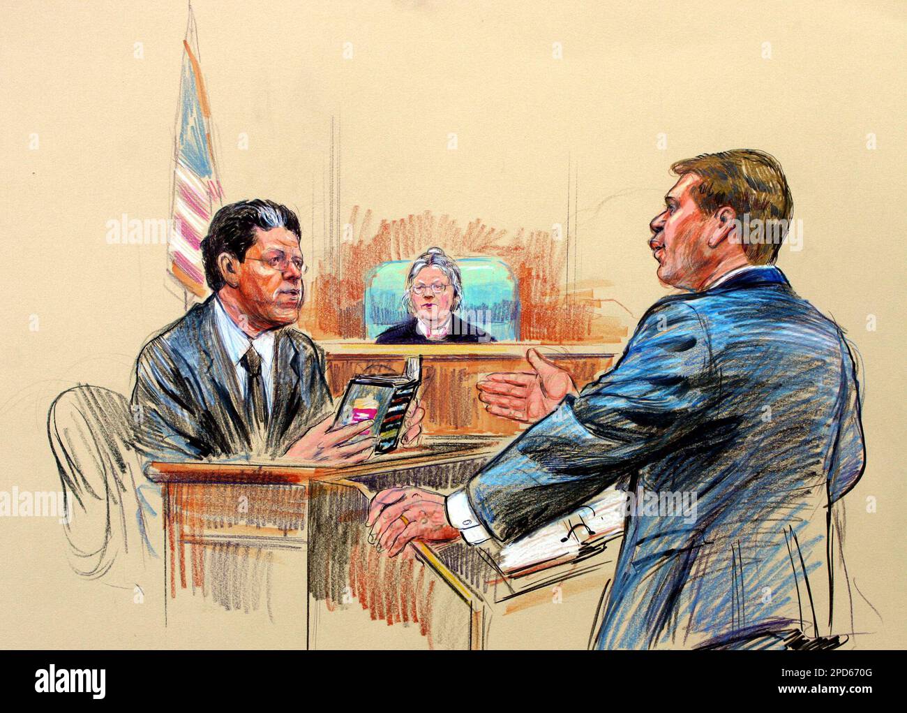 This artist's rendering shows U.S. Attorney David Novak, right ...