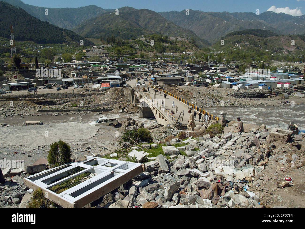 Pakistani people, who survived in Oct. 8, 2005 massive earthquake, walk ...