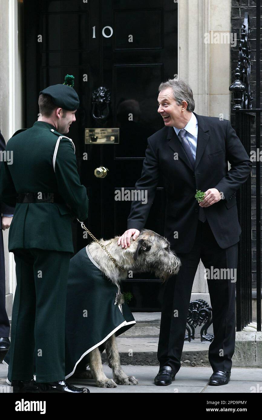 British Prime Minister Tony Blair, right, pats the mascot dog 'Bram ...