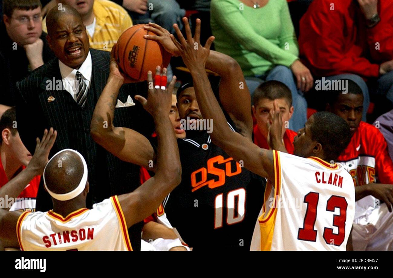 Iowa State's Curtis Stinson, left, and Rahshon Clark defend against ...