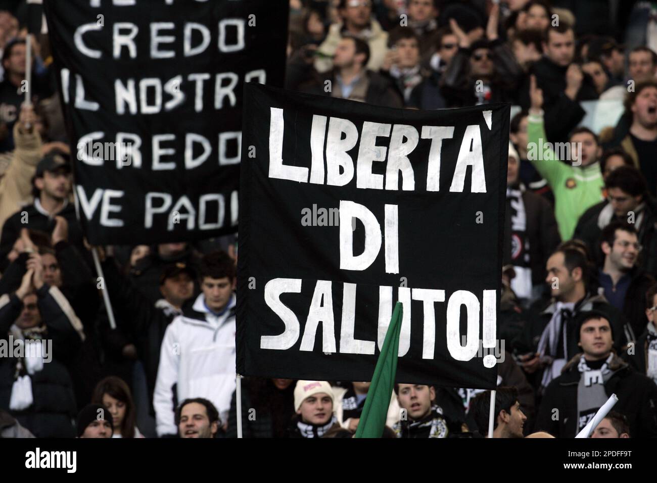 Lazio's supporters show a banner, supporting Paolo di Canio reading ...