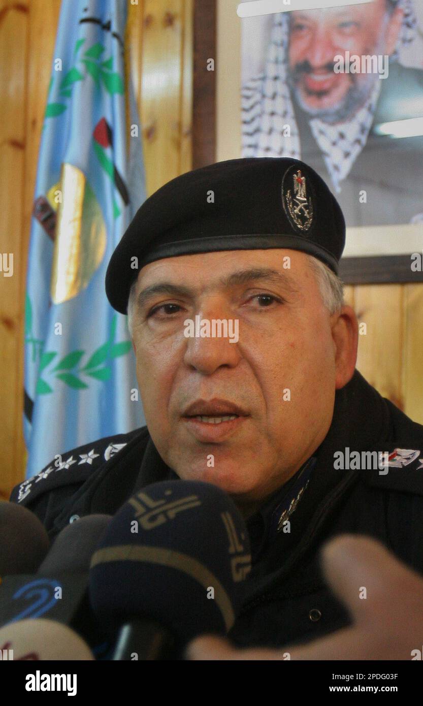 Palestinian police chief, Brig. Gen. Alaa Housni speaks during a press ...