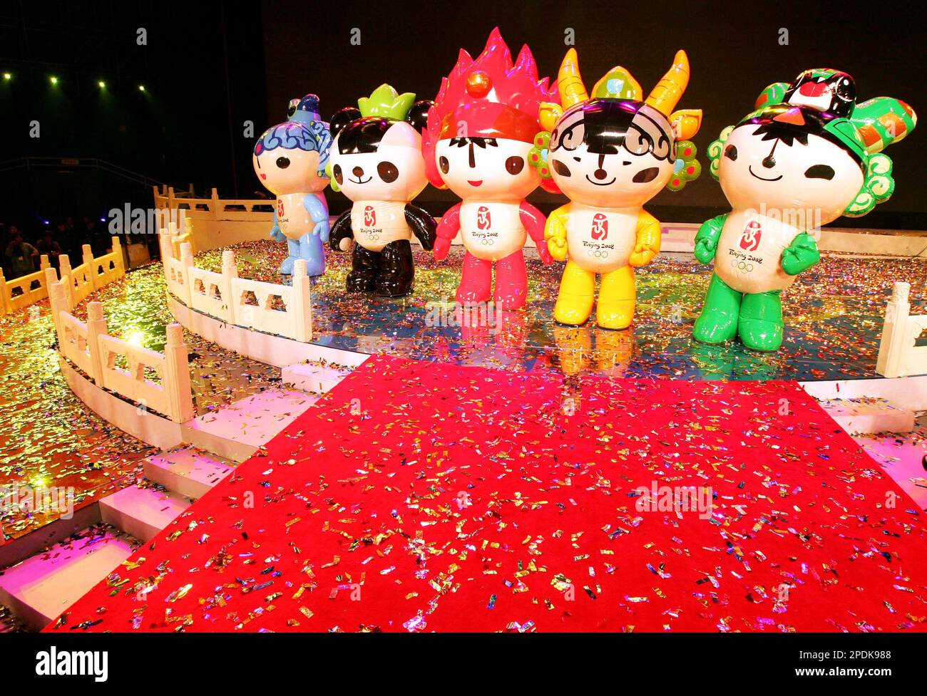 The five mascots for the 2008 Beijing Olympic Games are posed on stage ...