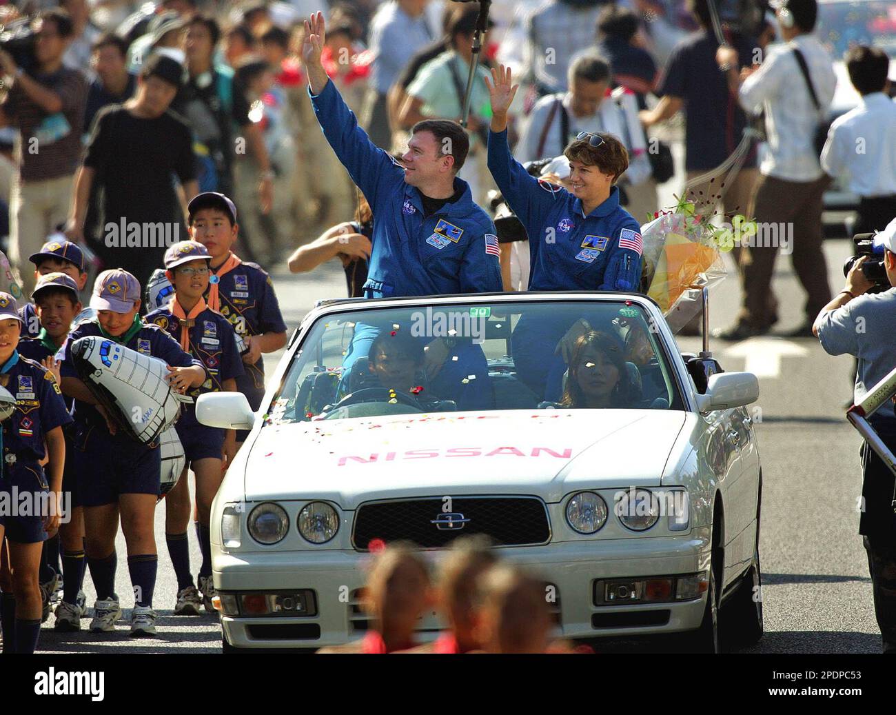 The Space Shuttle STS-114 crew, commander Eileen Collins, right, and ...