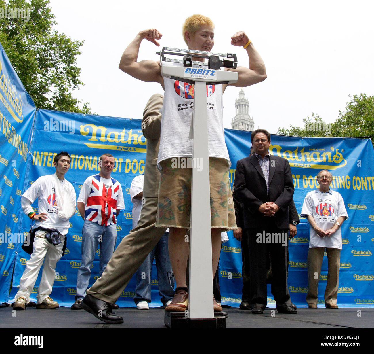 Current world hot dog eating champion Takeru Kobayashi of Japan, shows ...