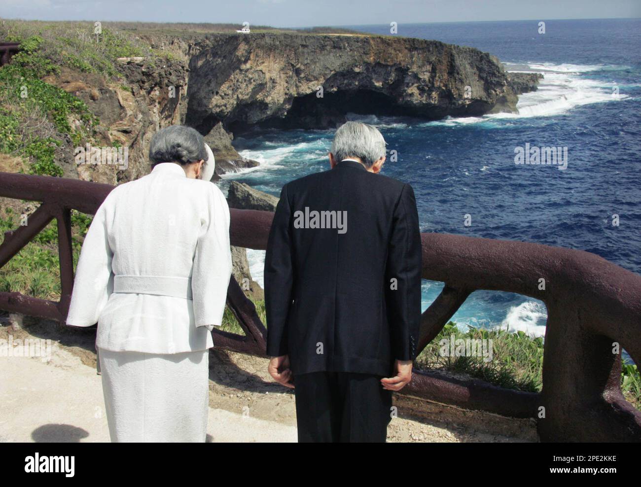 Emperor Akihito, right, accompanied by Empress Michiko bow to the ...